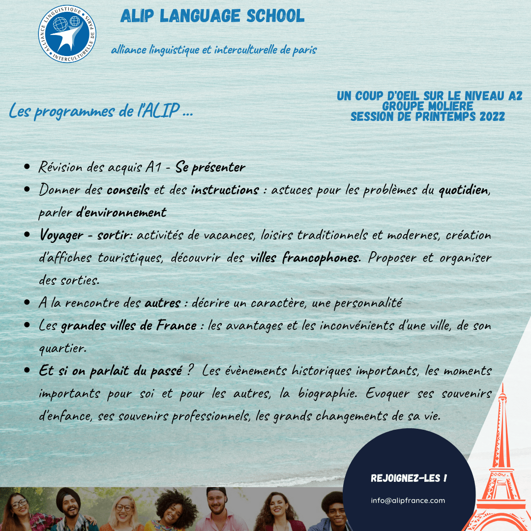 Cours de français niveau A2 - ALIP - école de Langue Française - Paris