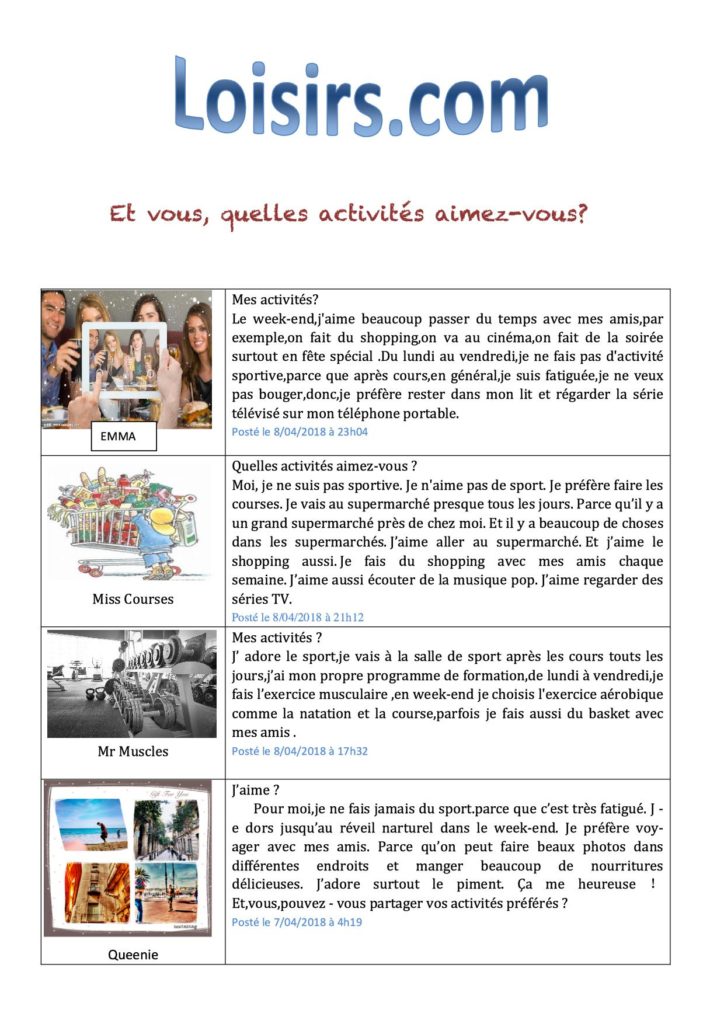 Le français des loisirs - ALIP - école de Langue Française - Paris